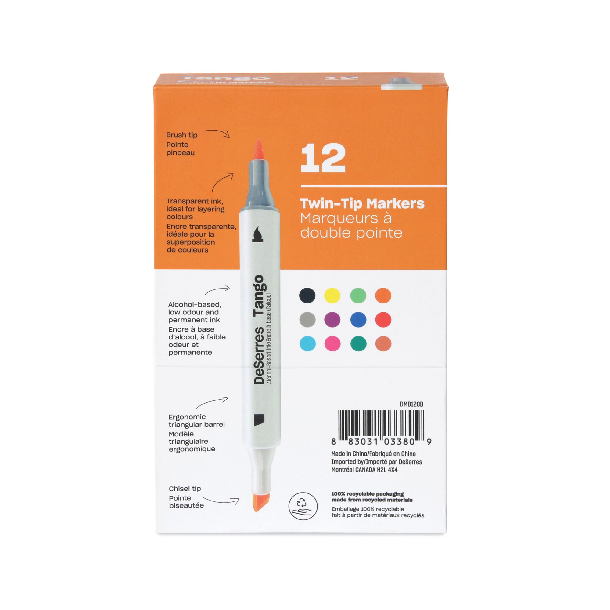 12-Pack Tango Double-Tip Markers Set, Assorted Colours - Chisel and Br ...
