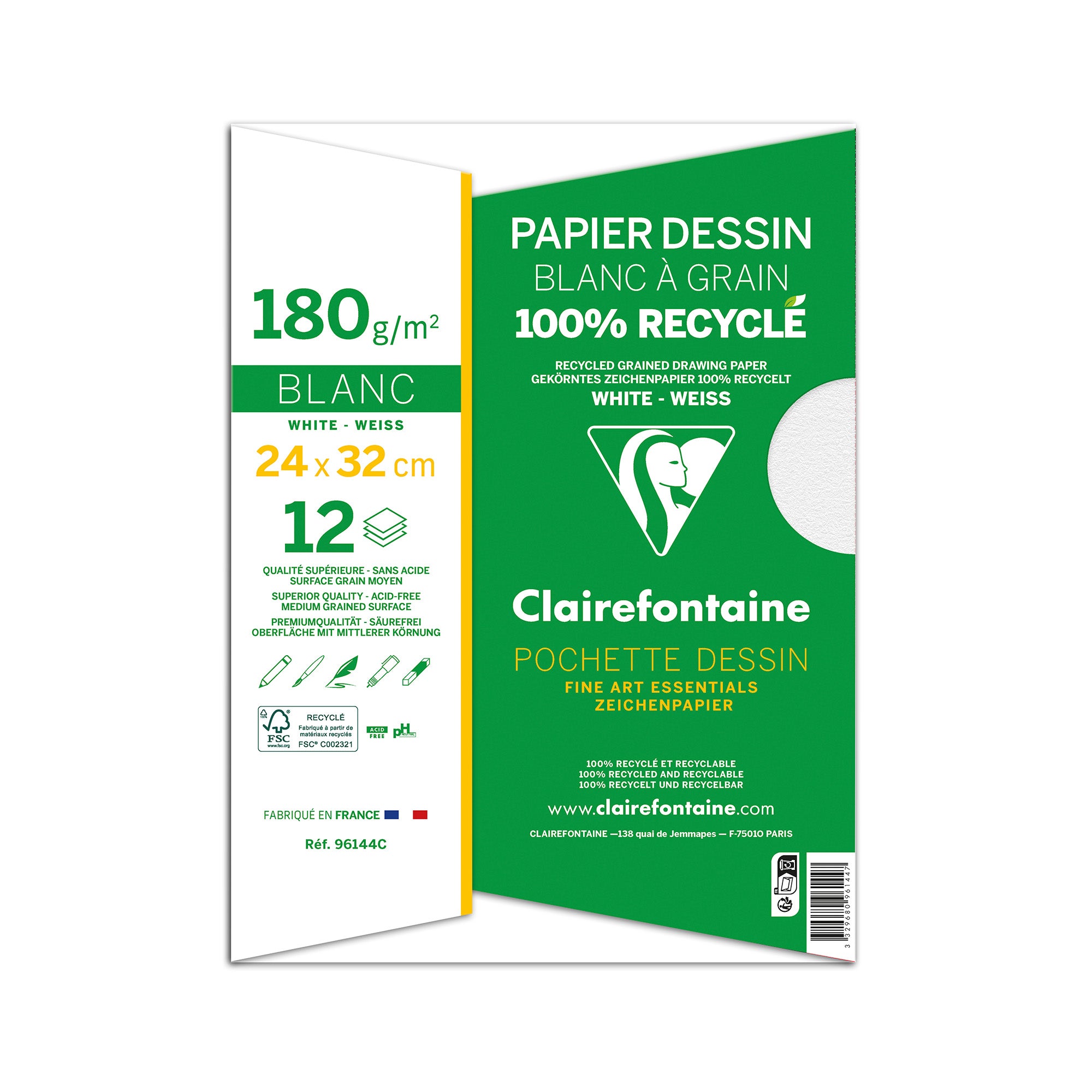 Pochette papier dessin recyclé à grain - blanc &VerticalLine; DeSerres